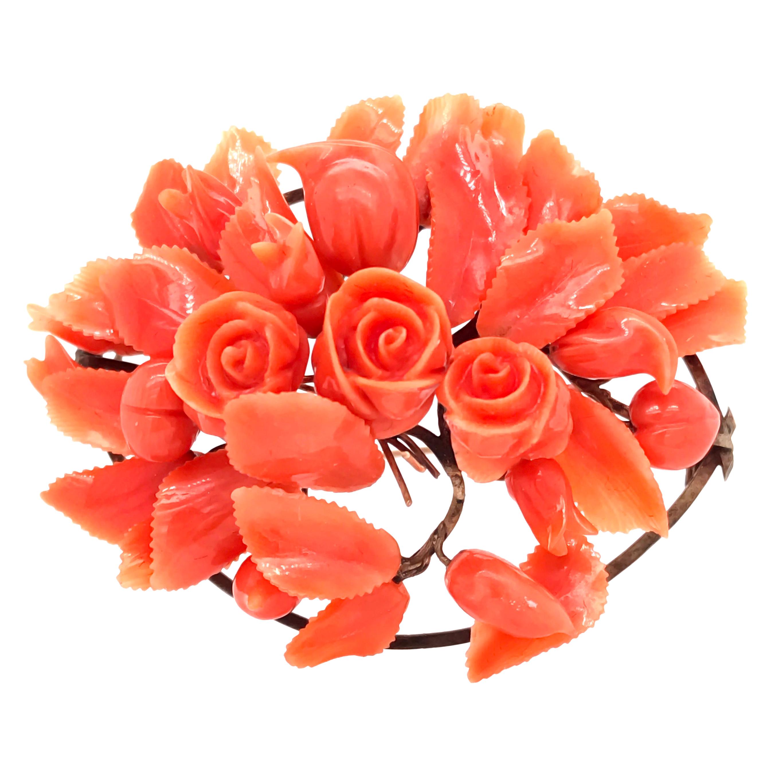 Rose Motif Coral Brooch For Sale at 1stDibs