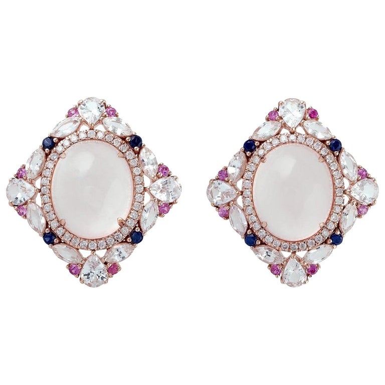 Rose Quartz Diamond 18 Karat Gold Stud Earrings For Sale at 1stDibs