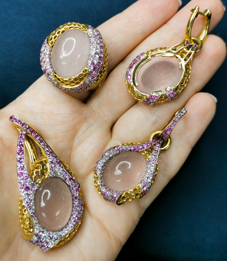 Rose Quartz Diamonds Pink Sapphires 18 Karat Yellow Gold Suite For Sale ...