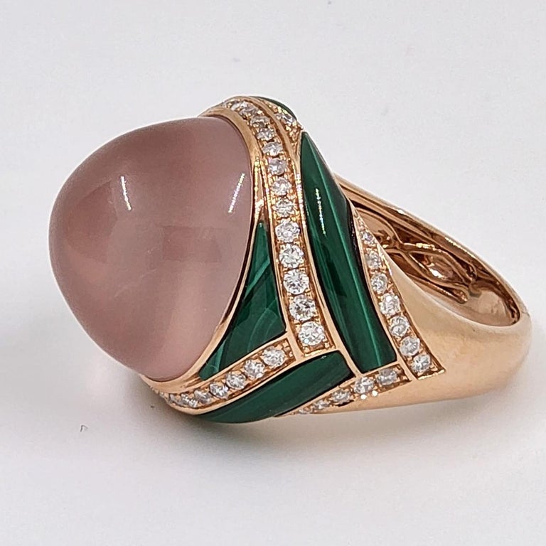 Rose Quartz Malachite Diamond Cocktail Ring in 14 Karat Rose Gold For ...