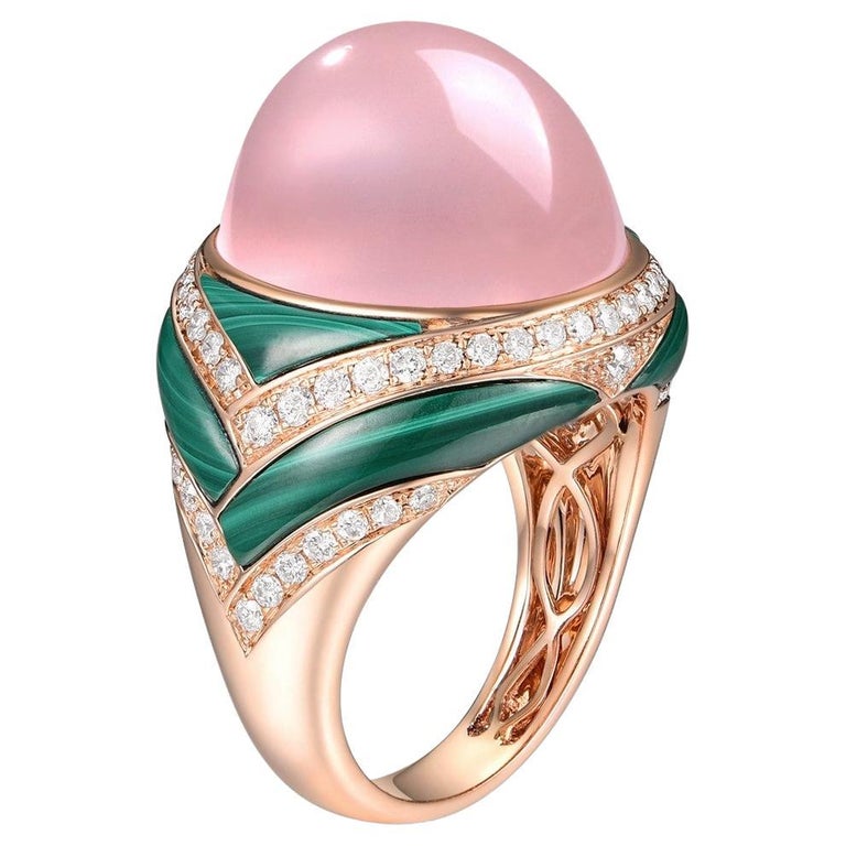 Rose Quartz Malachite Diamond Cocktail Ring in 14 Karat Rose Gold For ...