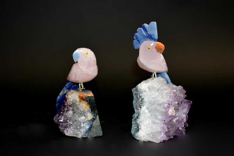 Rose Quartz Parrots Crystal Birds on Amethyst For Sale at 1stDibs
