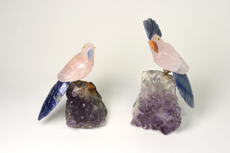 Rose Quartz Parrots Crystal Birds on Amethyst For Sale at 1stDibs
