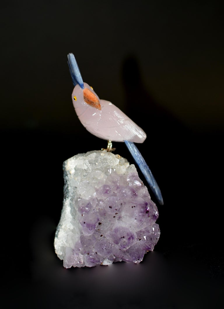 Rose Quartz Parrots Crystal Birds on Amethyst For Sale at 1stDibs