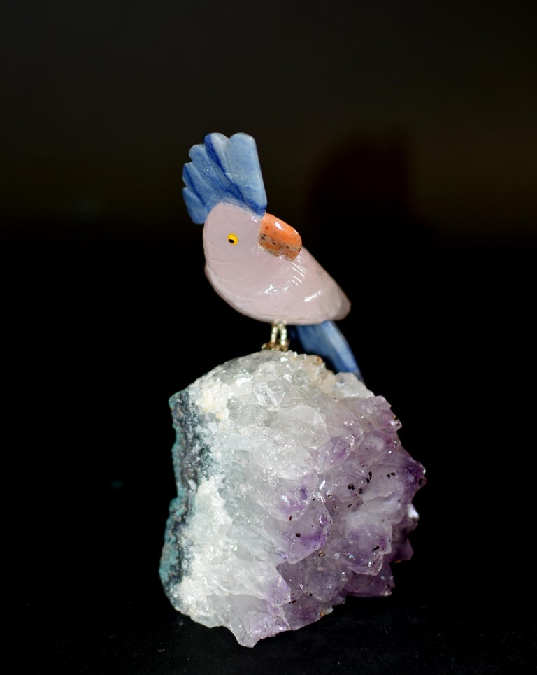 Rose Quartz Parrots Crystal Birds on Amethyst For Sale at 1stDibs