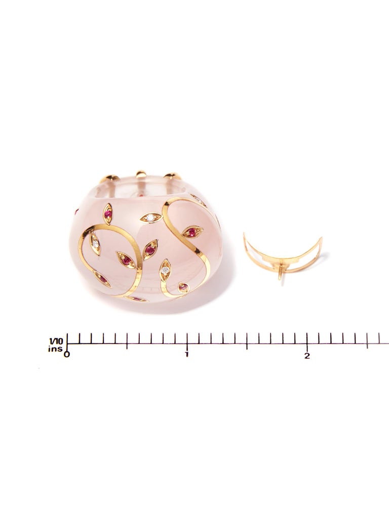 Rose Quartz Ring with Yellow Gold inlay set with Rubies and Diamonds ...