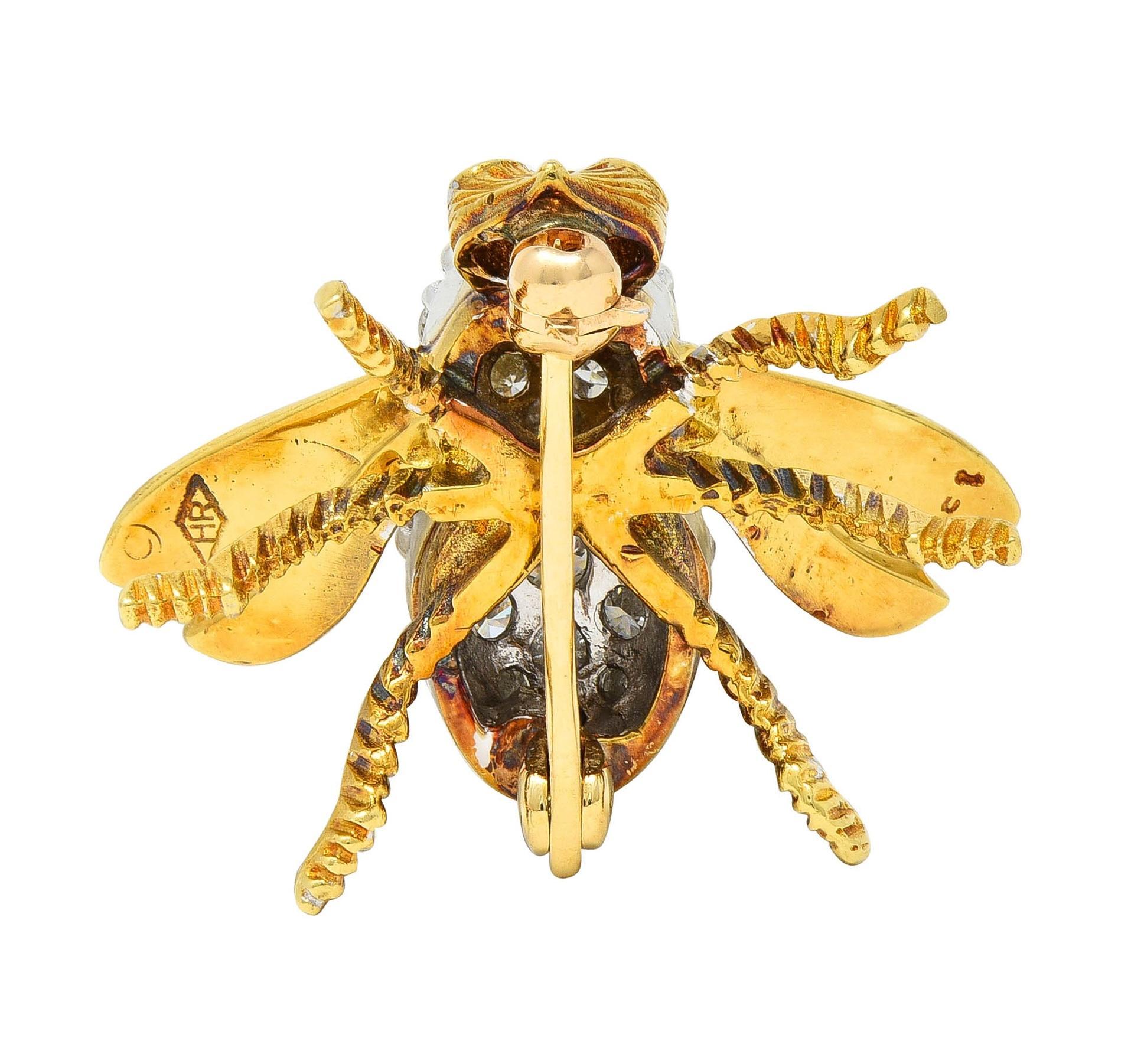 Rosenthal 1960's 1.16 CTW Diamond Ruby 18 Karat Gold Vintage Bee Bug Brooch For Sale at 1stDibs