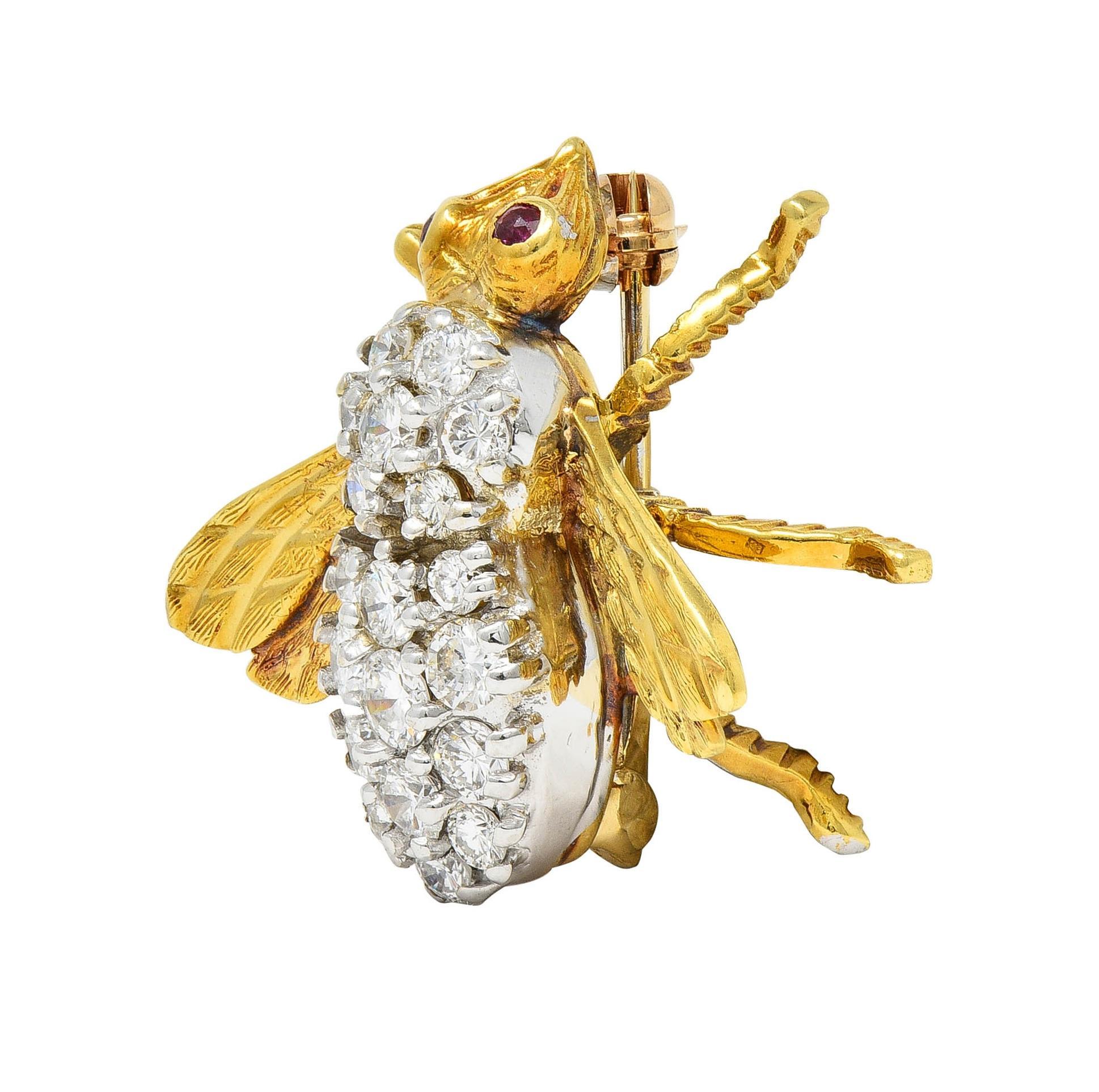 Rosenthal 1960's 1.16 CTW Diamond Ruby 18 Karat Gold Vintage Bee Bug Brooch For Sale at 1stDibs