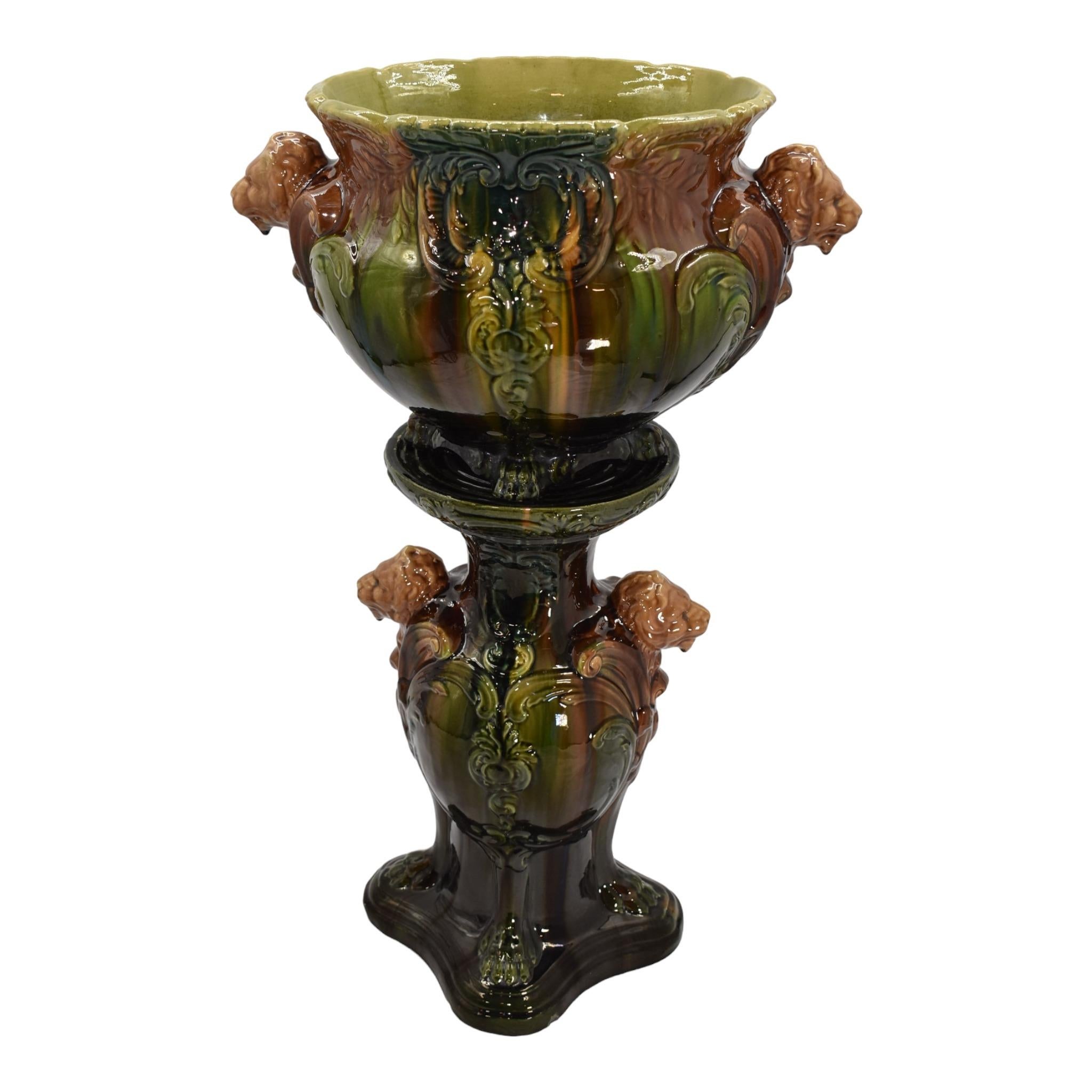 Roseville Blended Majolica 1900s Pottery Lions Head Jardiniere Pedestal ...