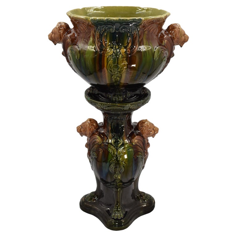 Roseville Blended Majolica 1900s Pottery Lions Head Jardiniere Pedestal ...