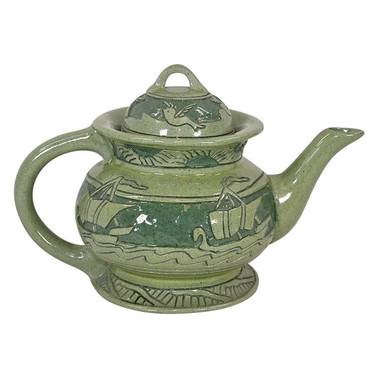 Roseville Della Robbia 1906 Art Pottery Green Ships Nautical Teapot 7 ...