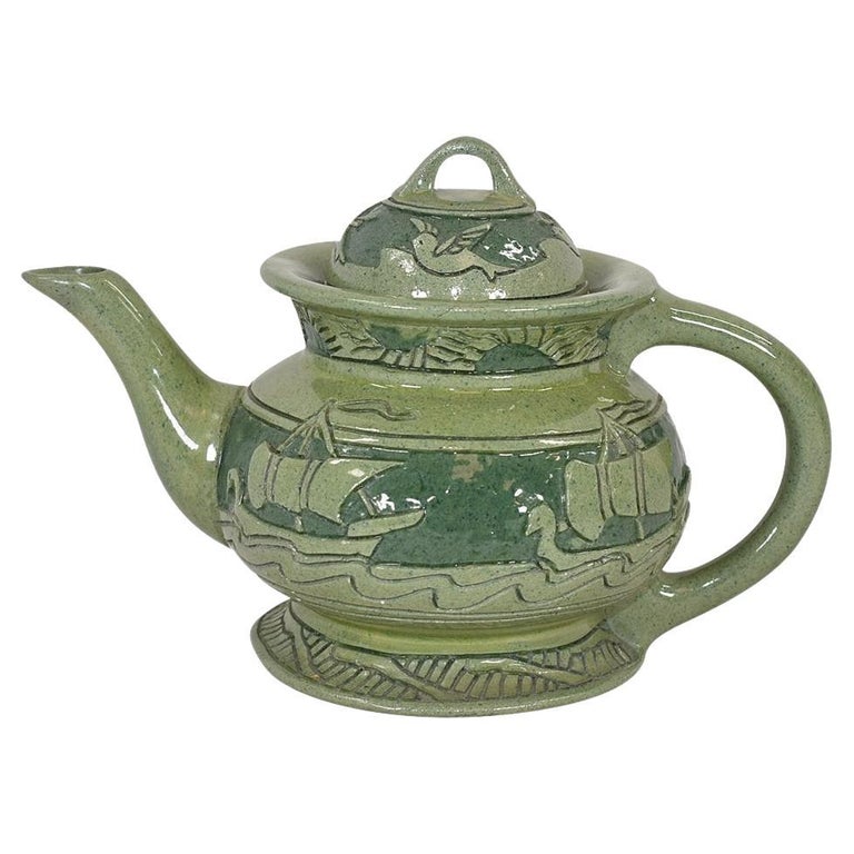 Roseville Della Robbia 1906 Art Pottery Green Ships Nautical Teapot 7 ...