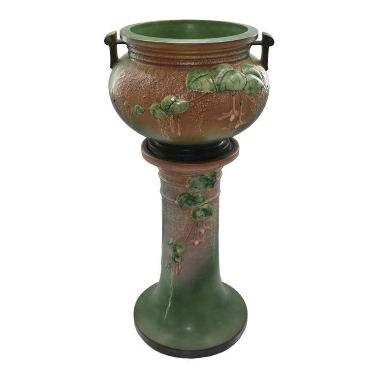 Roseville Fuchsia Green 1938 Vintage Art Pottery Jardiniere Pedestal ...