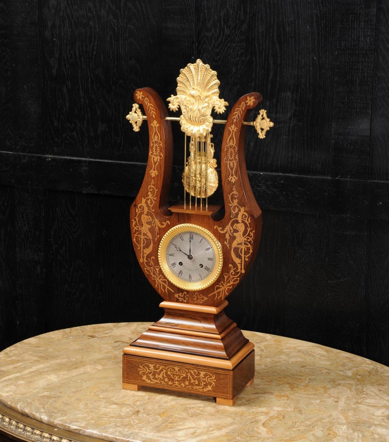 Rosewood Marquetry and Ormolu Lyre Clock with Mystery Pendulum, Henri ...