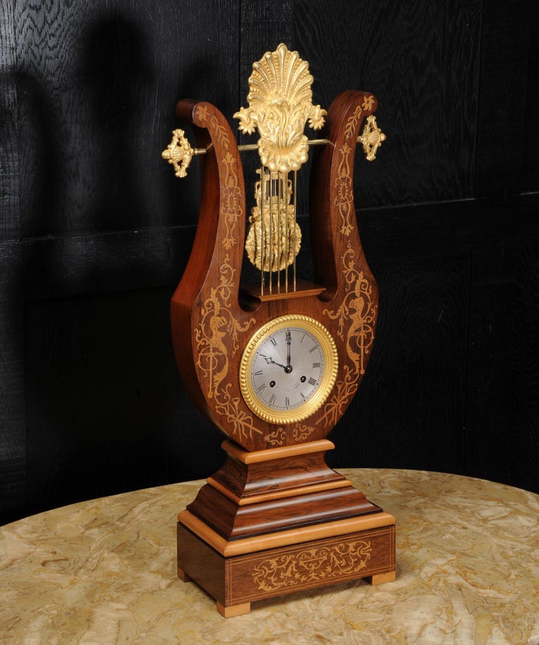 Rosewood Marquetry and Ormolu Lyre Clock with Mystery Pendulum, Henri ...