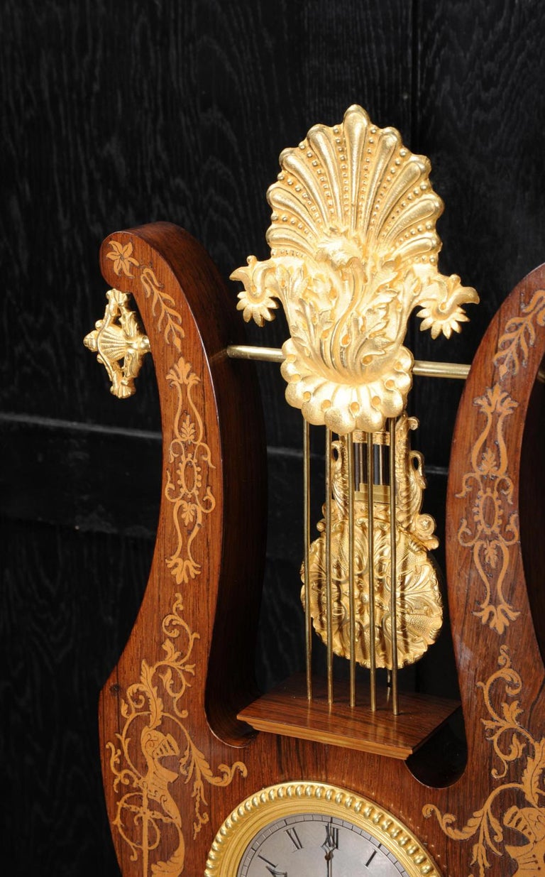 Rosewood Marquetry and Ormolu Lyre Clock with Mystery Pendulum, Henri ...