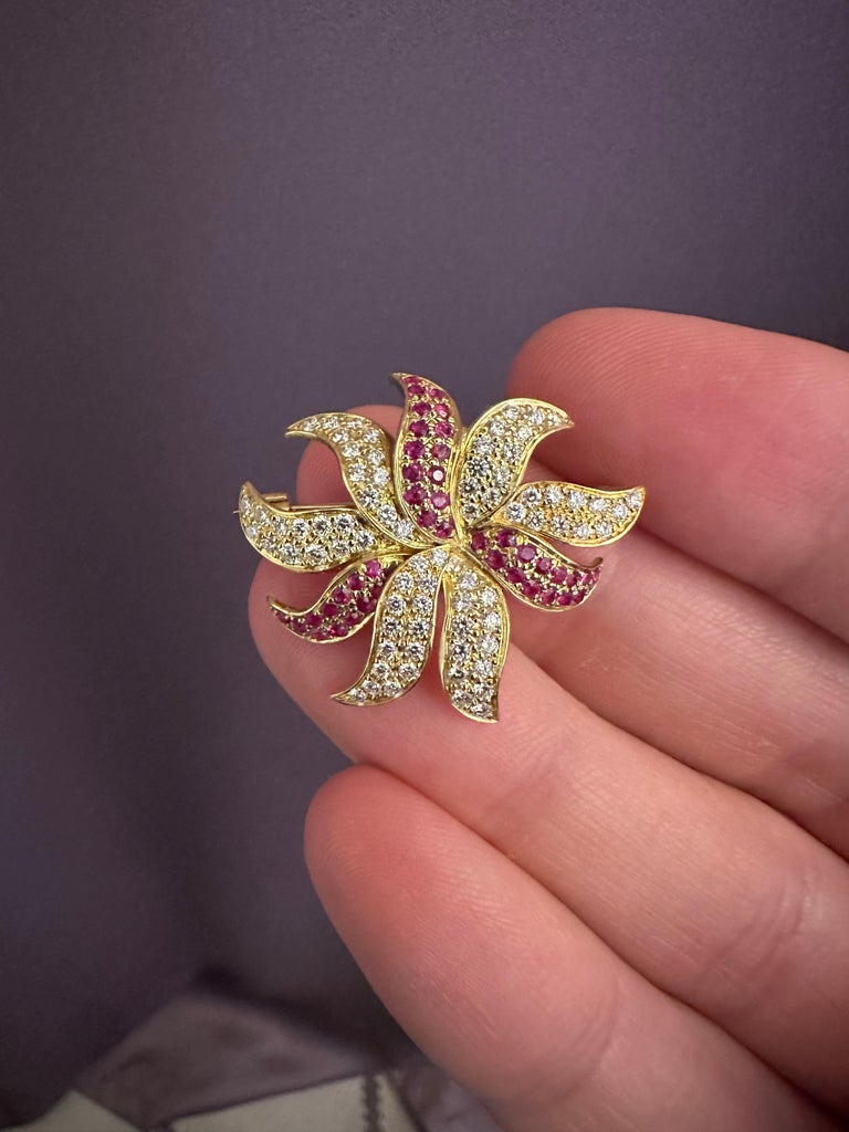 Diamond and Ruby "Flower" Brooch Set in Yellow Gold For Sale at 1stDibs