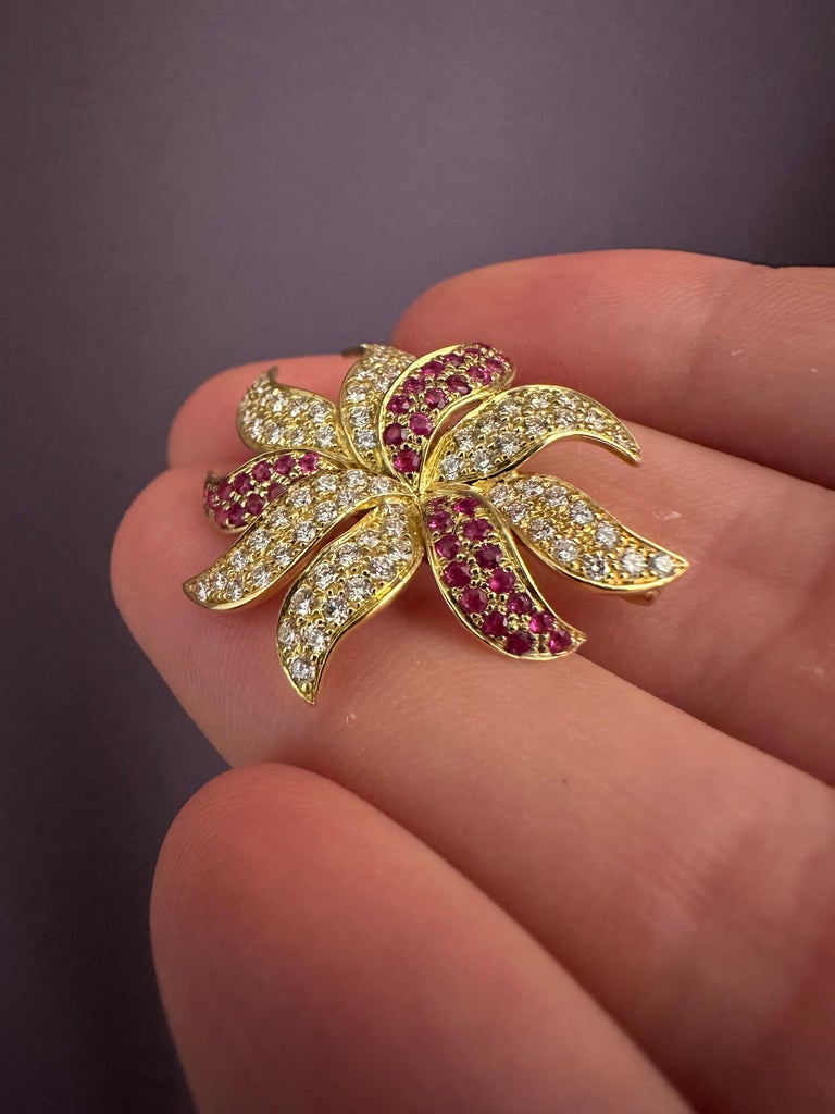 Diamond and Ruby "Flower" Brooch Set in Yellow Gold For Sale at 1stDibs