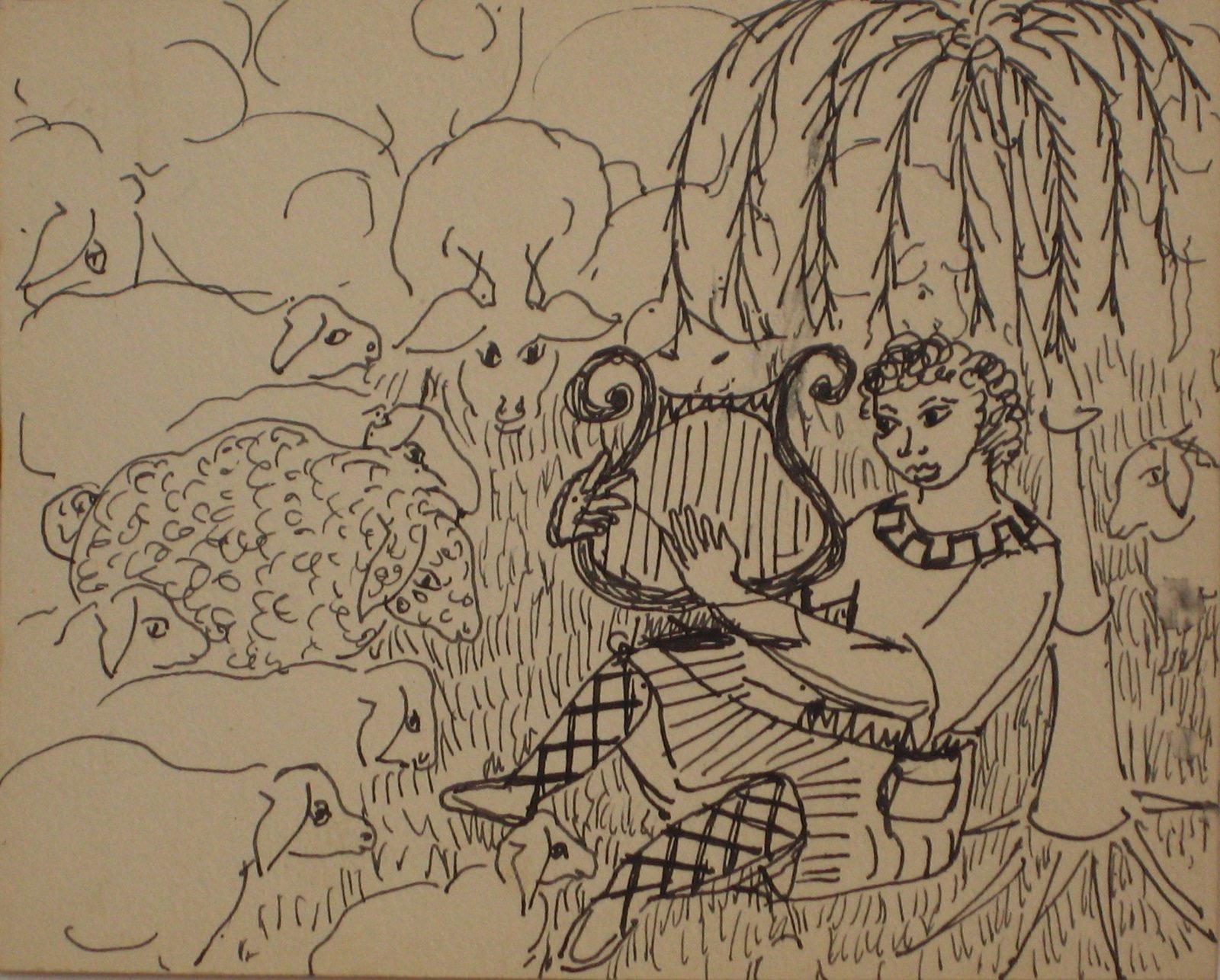 Ross Curtis - Mid Century Ink Drawing of Figure Strumming A Lyre to a ...
