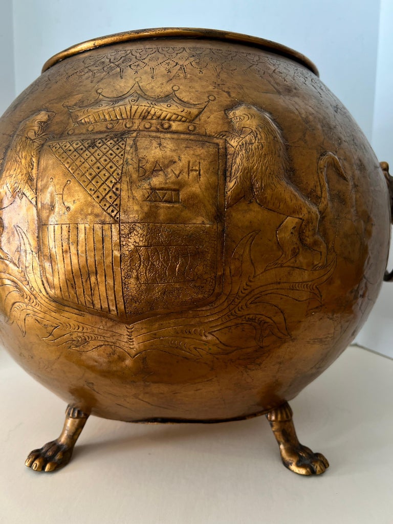 Round 19th Century Copper Coal or Log Bin with Paw Feet and Royal Coat ...