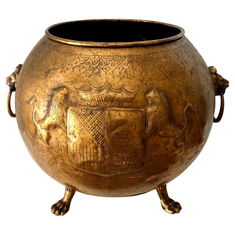 Round 19th Century Copper Coal or Log Bin with Paw Feet and Royal Coat ...