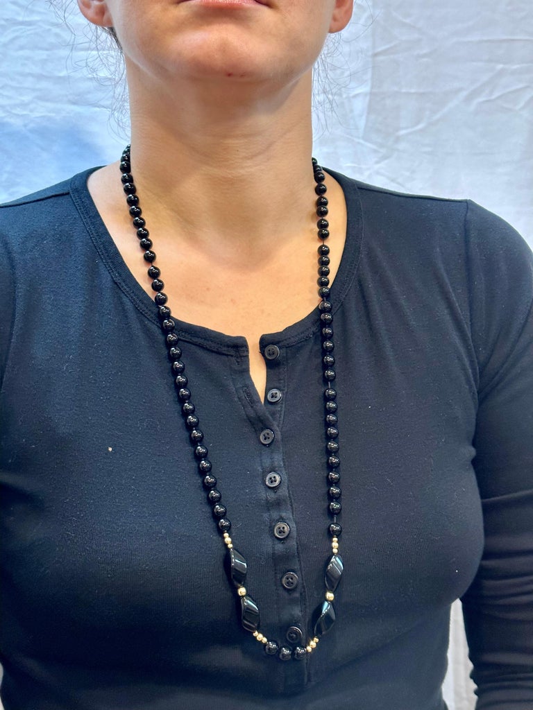 Round 8 MM Bead Black Onyx and 14 Karat Gold Bead Necklace 32 Inch Long ...
