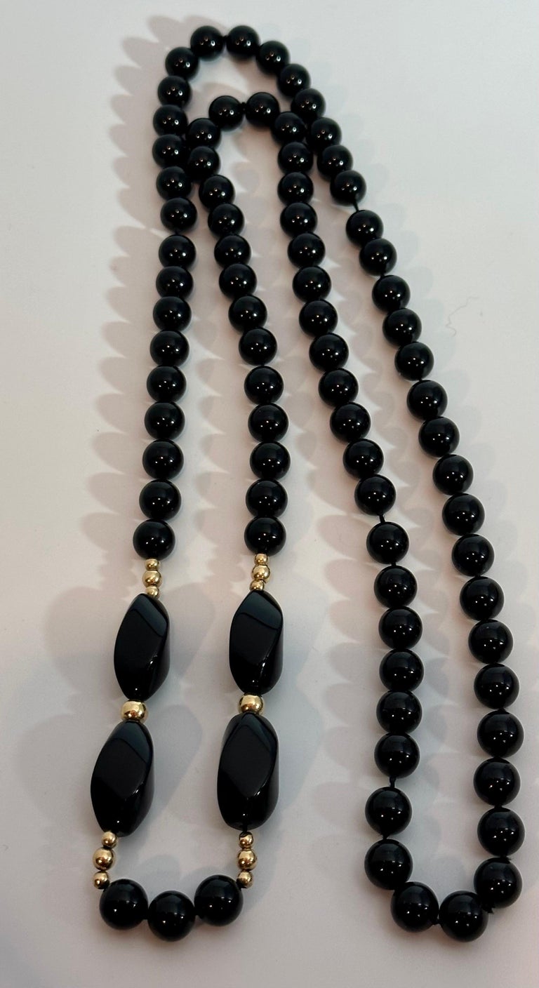 Round 8 MM Bead Black Onyx and 14 Karat Gold Bead Necklace 32 Inch Long ...