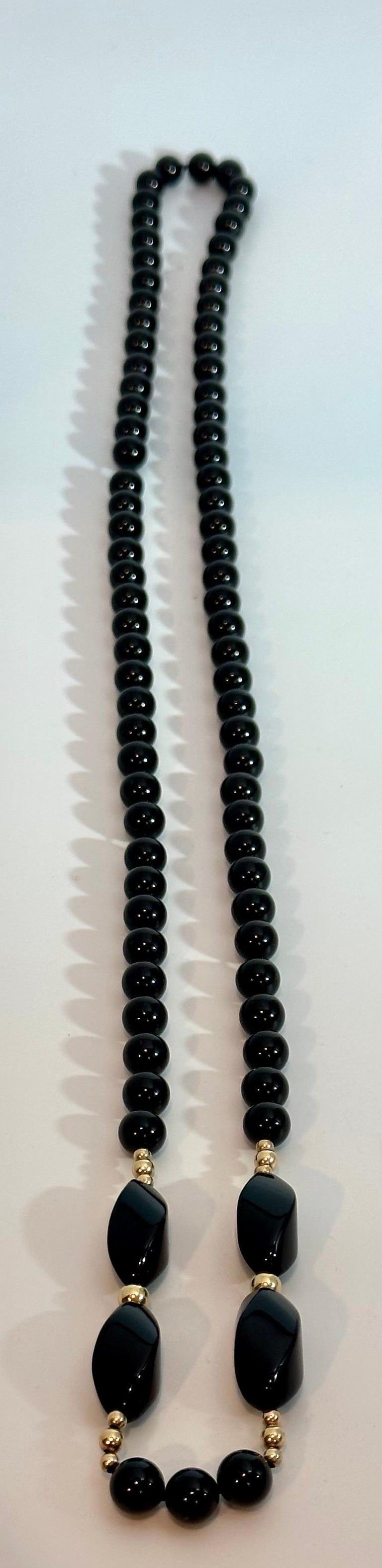 Round 8 MM Bead Black Onyx and 14 Karat Gold Bead Necklace 32 Inch Long ...