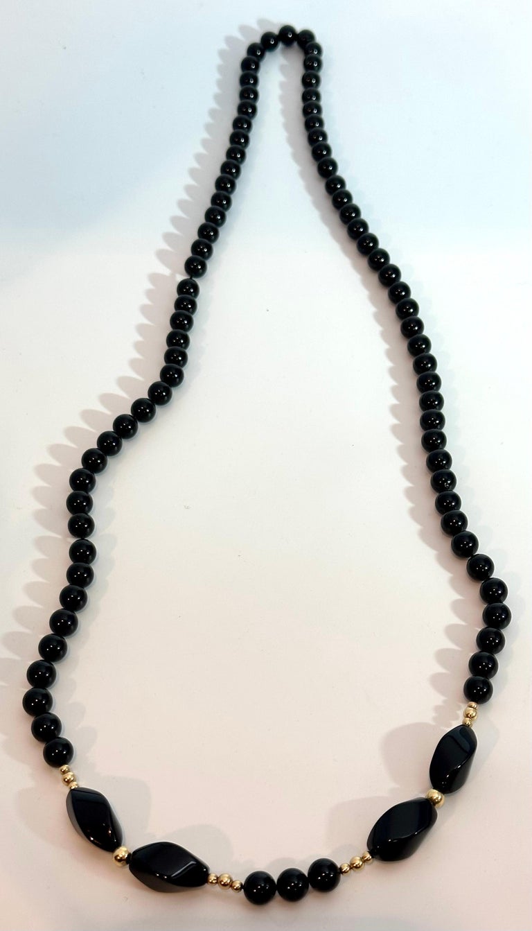 Round 8 MM Bead Black Onyx and 14 Karat Gold Bead Necklace 32 Inch Long ...