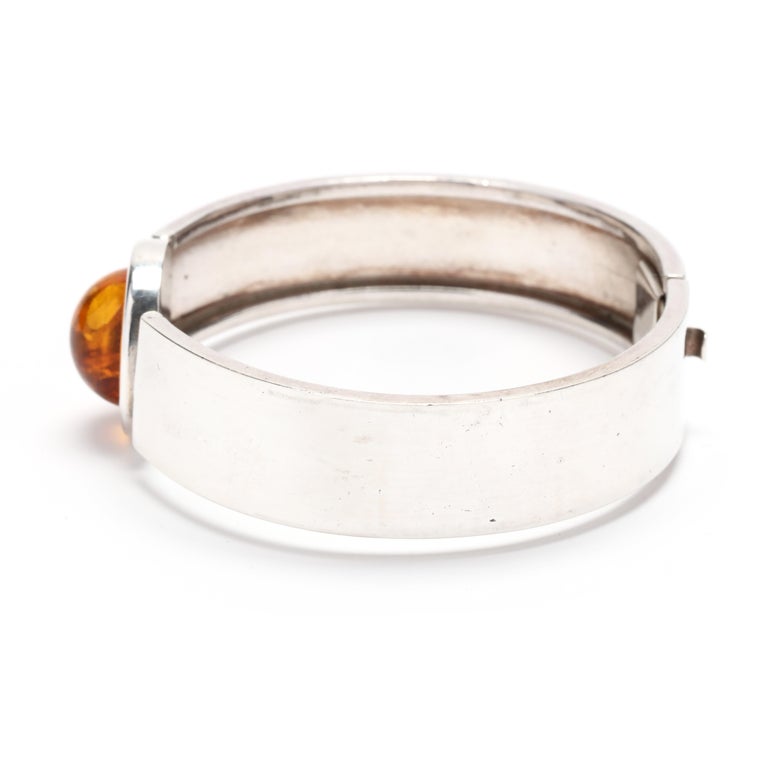 Round Amber Cabochon Bangle Bracelet, Sterling Silver, Stackable For ...