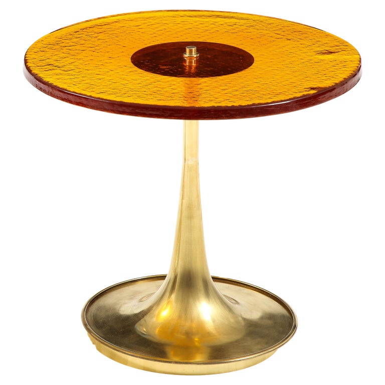Round Amber Deep Gold Murano Glass and Brass Martini or Side Table ...