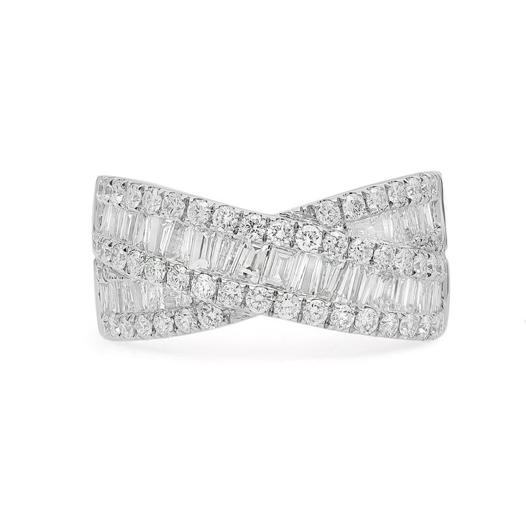 Round and Baguette Diamond Crossover Fashion Ring 18K For Sale at 1stDibs