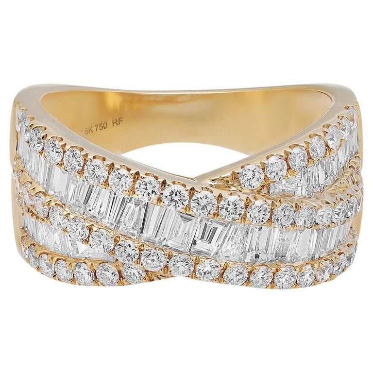 Round and Baguette Diamond Crossover Fashion Ring 18K For Sale at 1stDibs