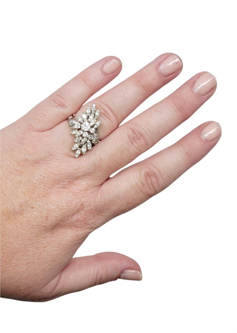 Round and Baguette Diamond Diagonal Spray Cocktail Ring 14 Karat White ...