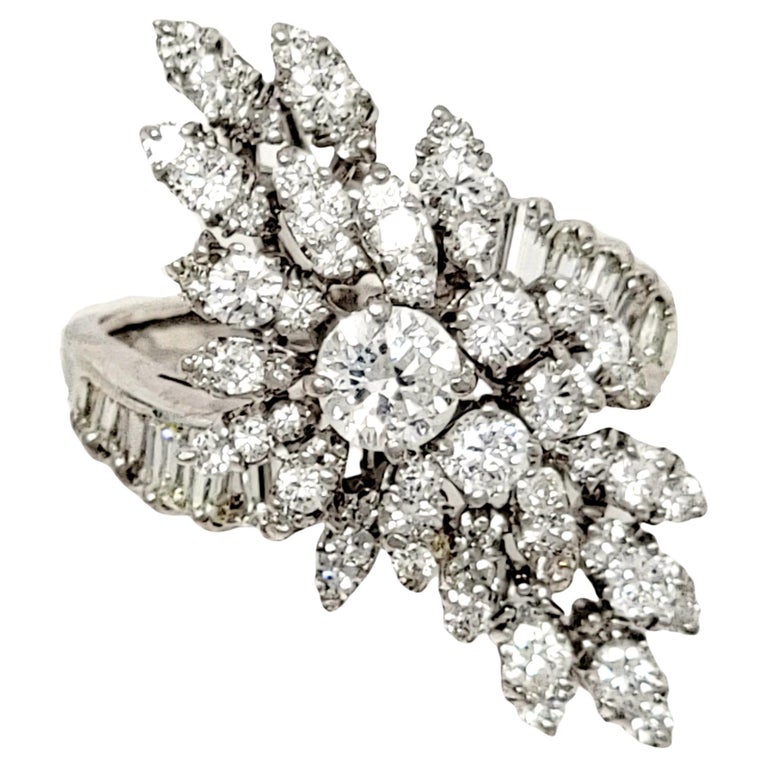 Round and Baguette Diamond Diagonal Spray Cocktail Ring 14 Karat White ...