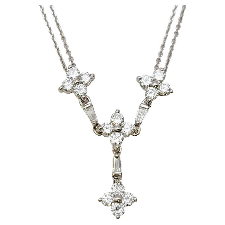 Round and Baguette Diamond 'Y' Shaped Double Chain Drop Necklace in ...