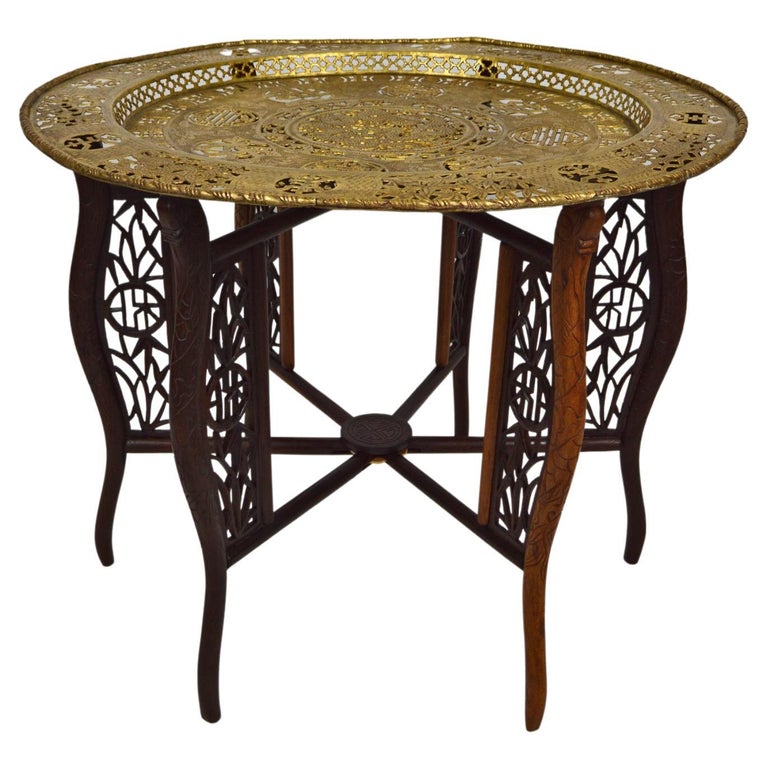 Round Asian Folding Table with Carved Wood and Brass Tray, circa 1890 ...