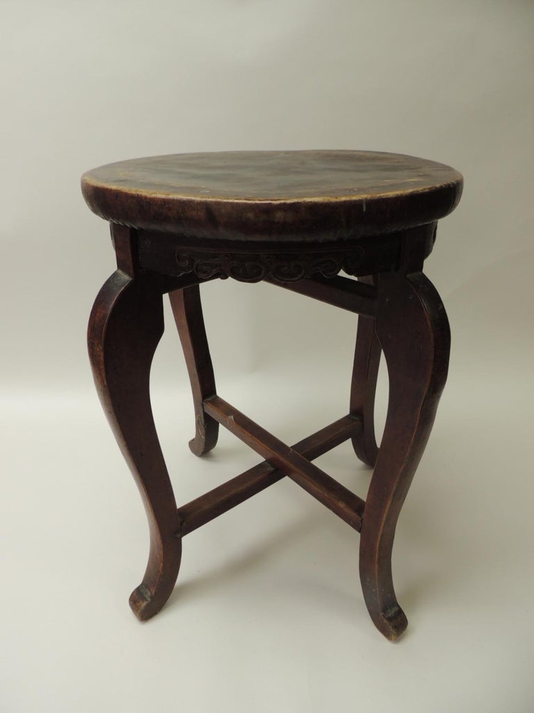 Round Asian Side Table or Stool with Carved Apron and Turned Wood Legs ...