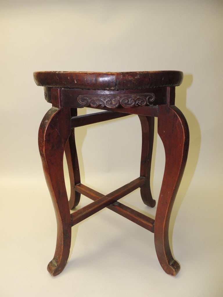 Round Asian Side Table or Stool with Carved Apron and Turned Wood Legs ...