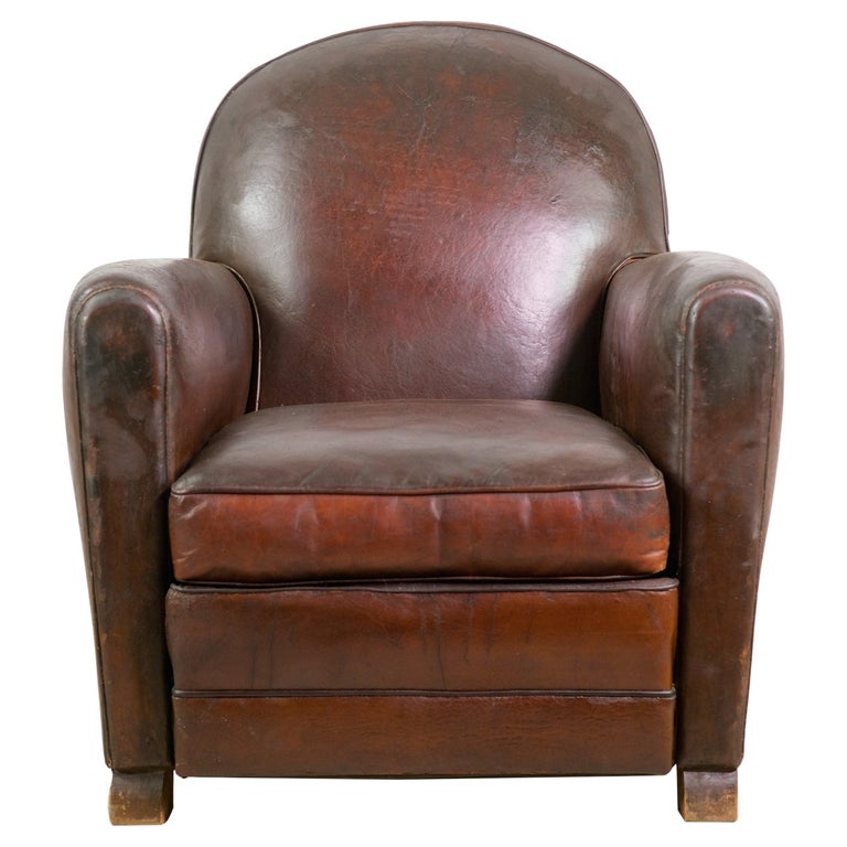 Round Back Brown Leather Club Chair w/ Studded Back Trim For Sale at ...