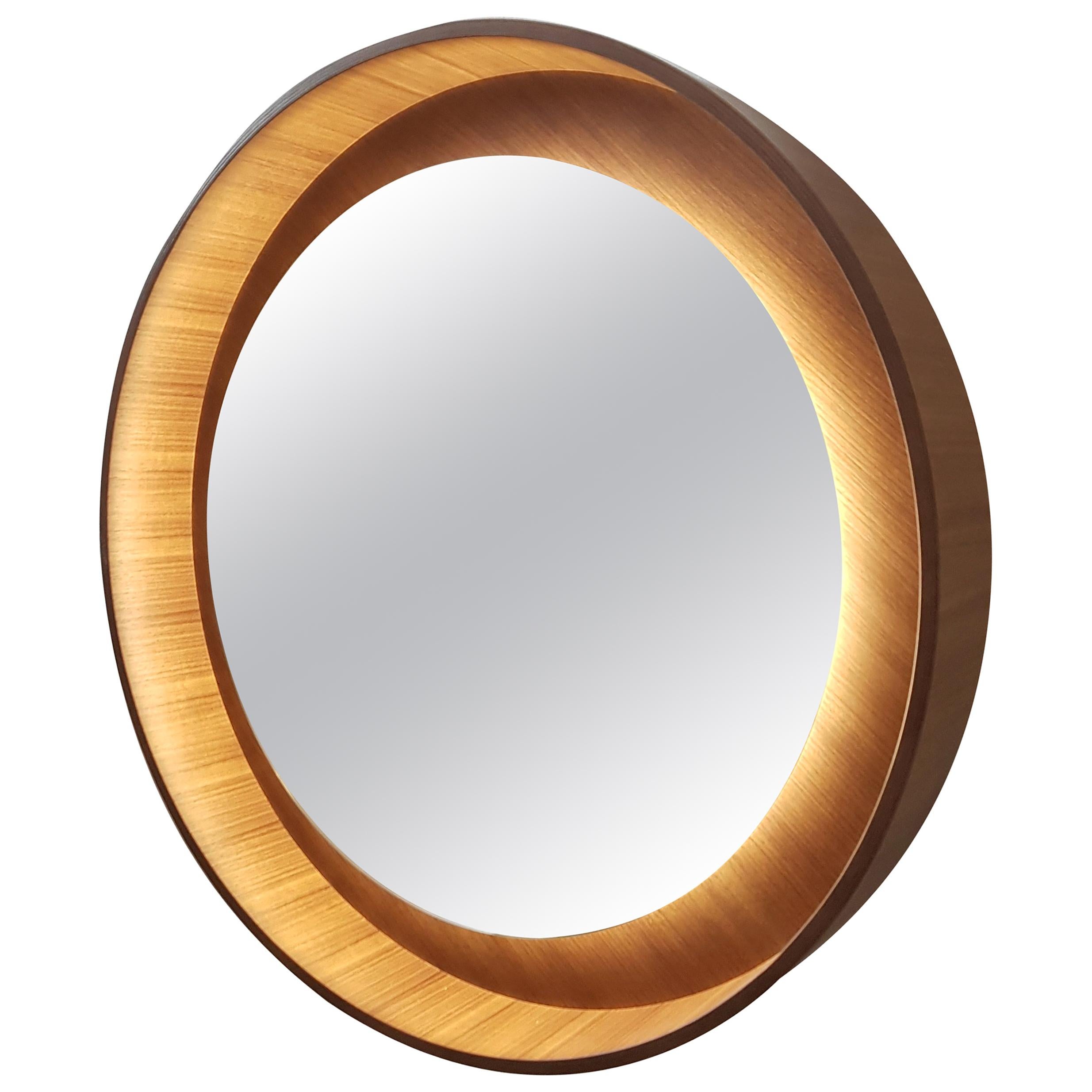 Round Backlit Wall Mirror with Led Light in Oak, Dim on Rotation For ...