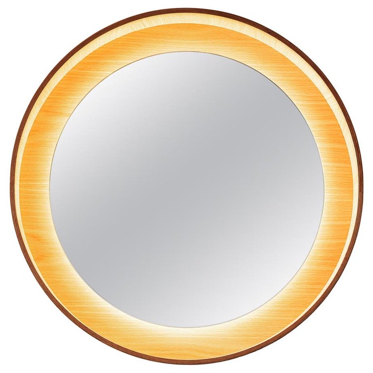 Round Backlit Wall Mirror with LED Light in Oak, Dims on Rotation For ...