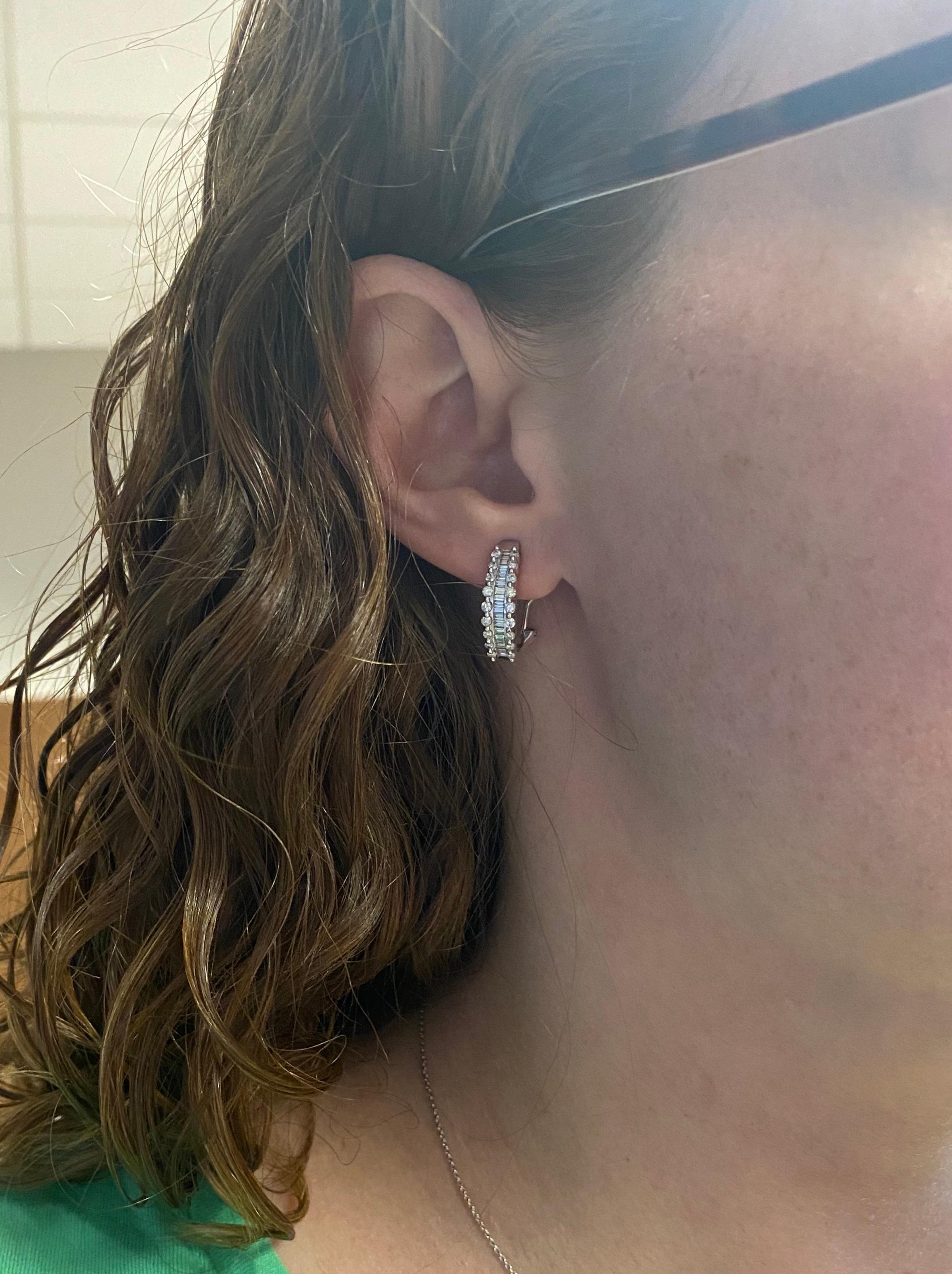 Round and Baguette Diamond Huggie Hoop Earrings For Sale at 1stDibs