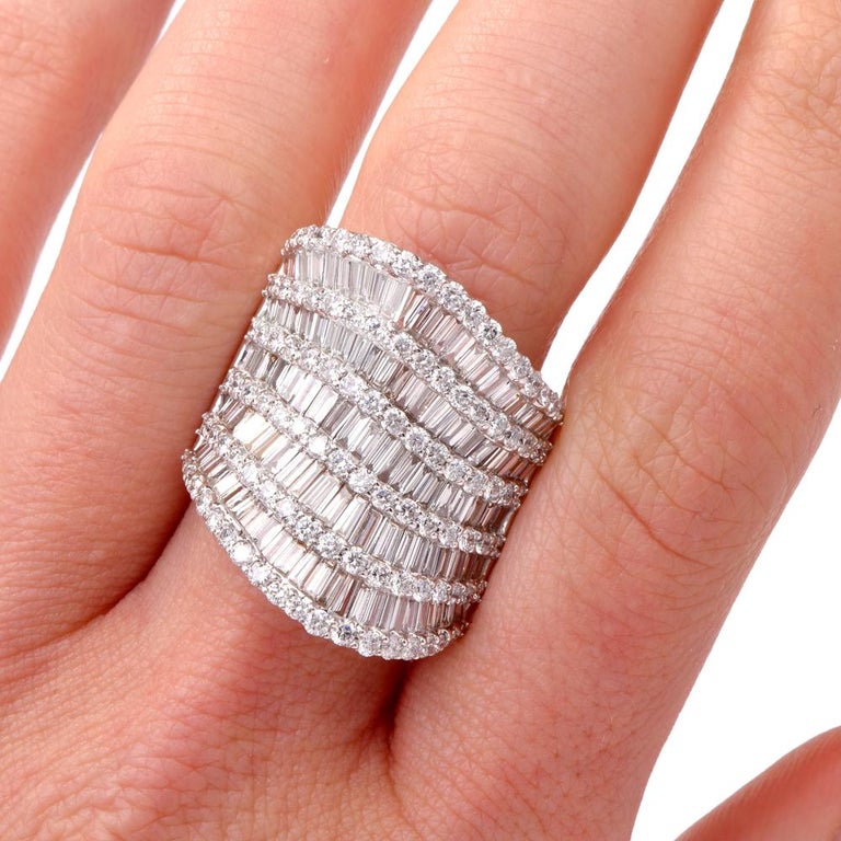 Round Baguette Diamond White Gold Wide Cocktail Ring at 1stDibs