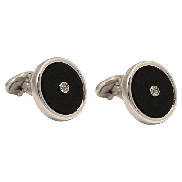 Round Black Onyx Cufflinks with Pave Diamonds Centre in 14Kt White Gold ...