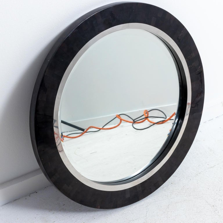 Round Black Pen Shell and Steel Mirror For Sale at 1stDibs