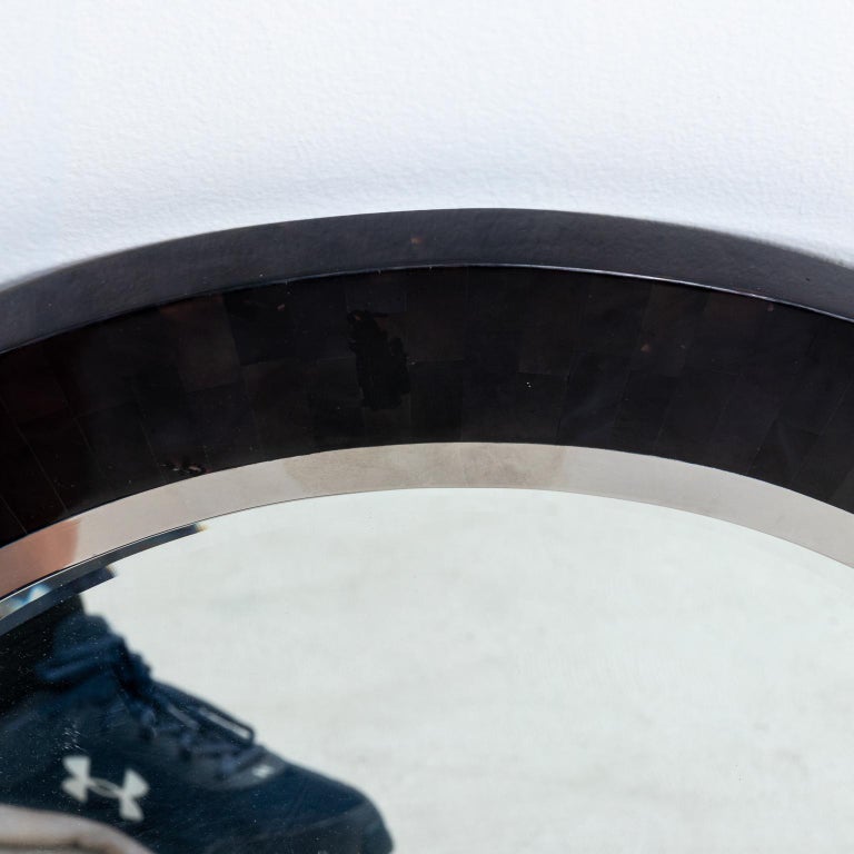 Round Black Pen Shell and Steel Mirror For Sale at 1stDibs