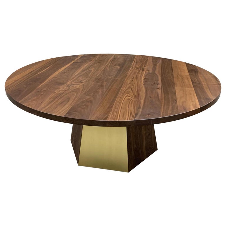 Round Black Walnut Dining with Hexagonal Base and Brass For Sale at 1stDibs