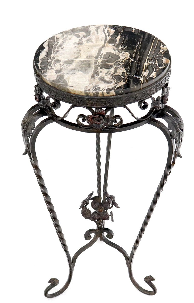 Round Black and White Marble Top Wrought Iron Pedestal Stand Table For ...