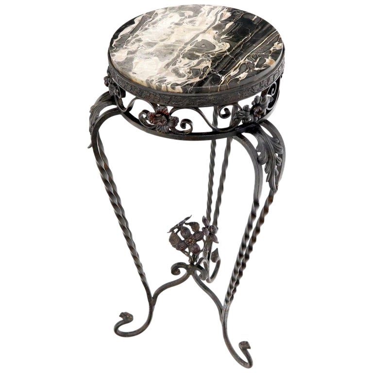 Round Black and White Marble Top Wrought Iron Pedestal Stand Table For ...